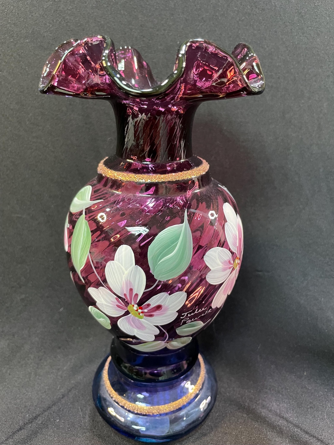 Fenton 1996 50th Anniversary Mulberry Hand Painted Vase Signed by ...