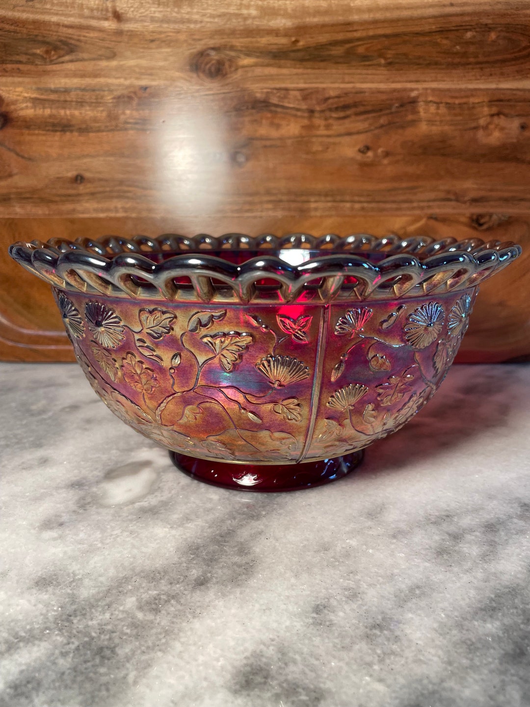 Rare Imperial Black Eyed Susan Lace Edge Sunset Ruby Red Carnival Glass ...