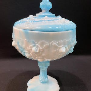 Vintage Fenton Blue Slag Glass Cabbage Rose Covered Compote - Etsy