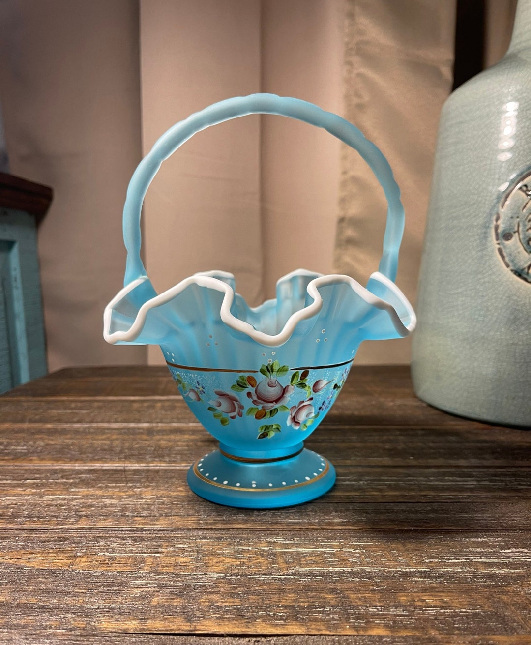 Fenton Charleton Collection Glass Hand Decorated Roses White Crested ...