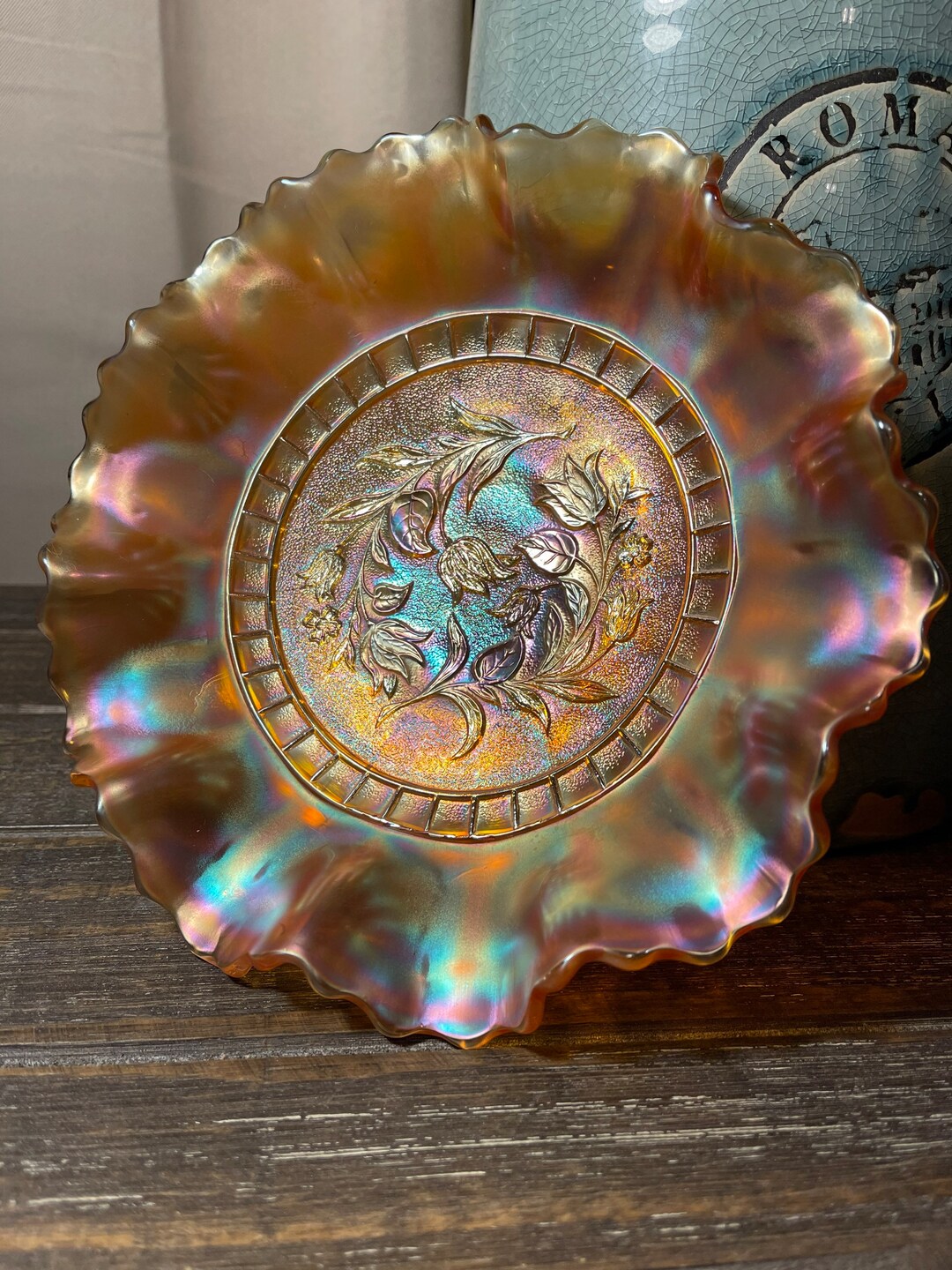 Vintage Dugan Marigold Orange Carnival Iridescent Glass With Ruffled ...