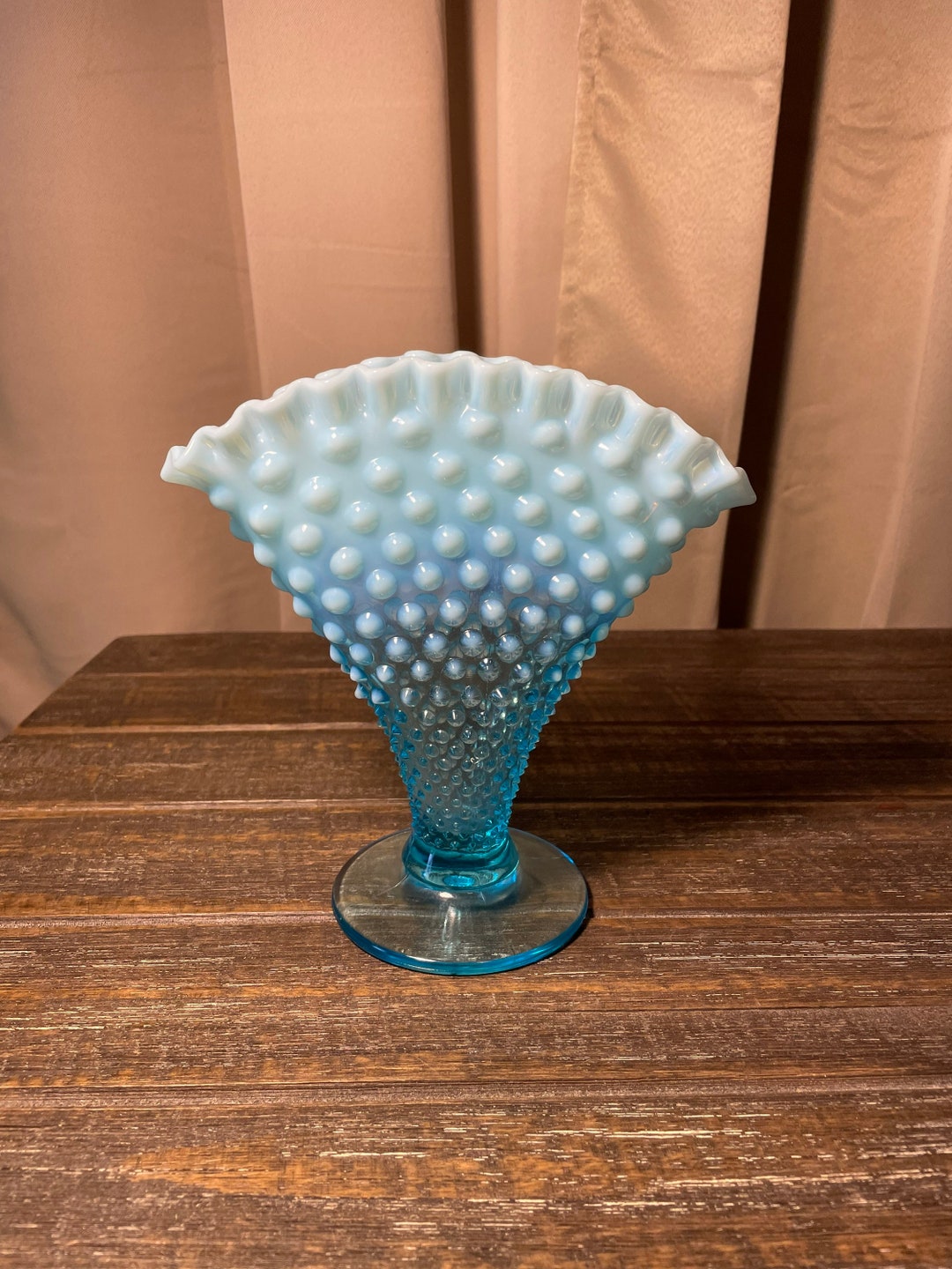 Fenton Blue Opalescent Hobnail Fan Vase , Fenton Double Crimped Footed ...
