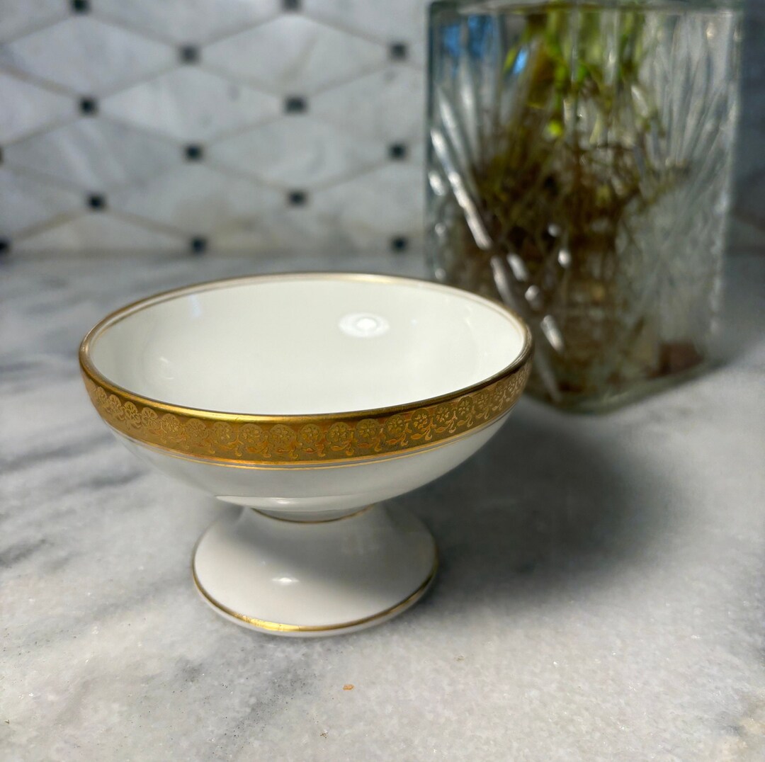 Antique GOA Limoges Porcelain Dessert Pedestal Bowl, White & Gold Trim ...