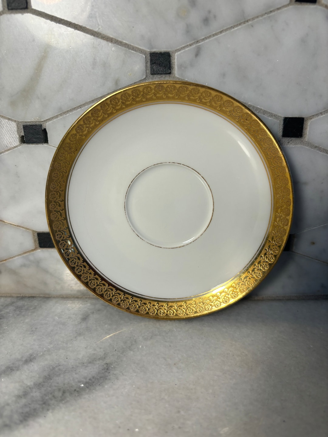 Antique GOA Limoges Porcelain Saucer Plate, White & Gold Trim Finest ...