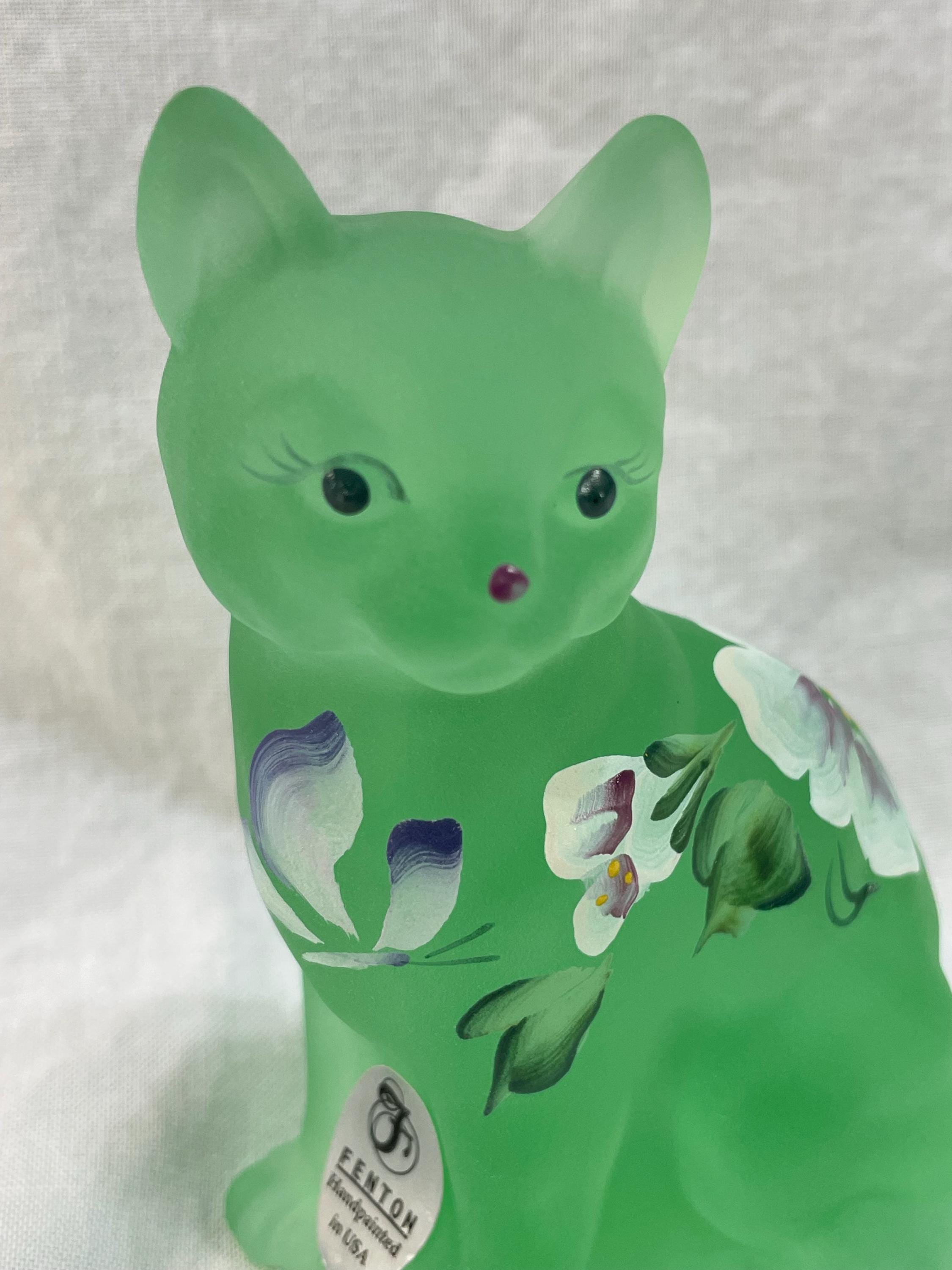 Fenton Light Green Glass Cat Hand Painted and Signed by the Artist - 3 ...