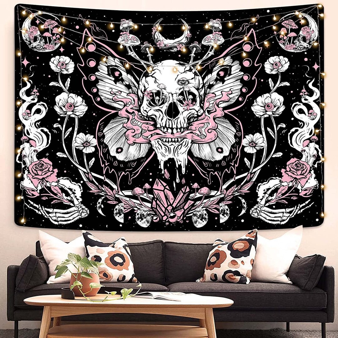Skull Tapestry, Skeleton Wall Art, Flowers Wall Decor, Tapestry Wall ...