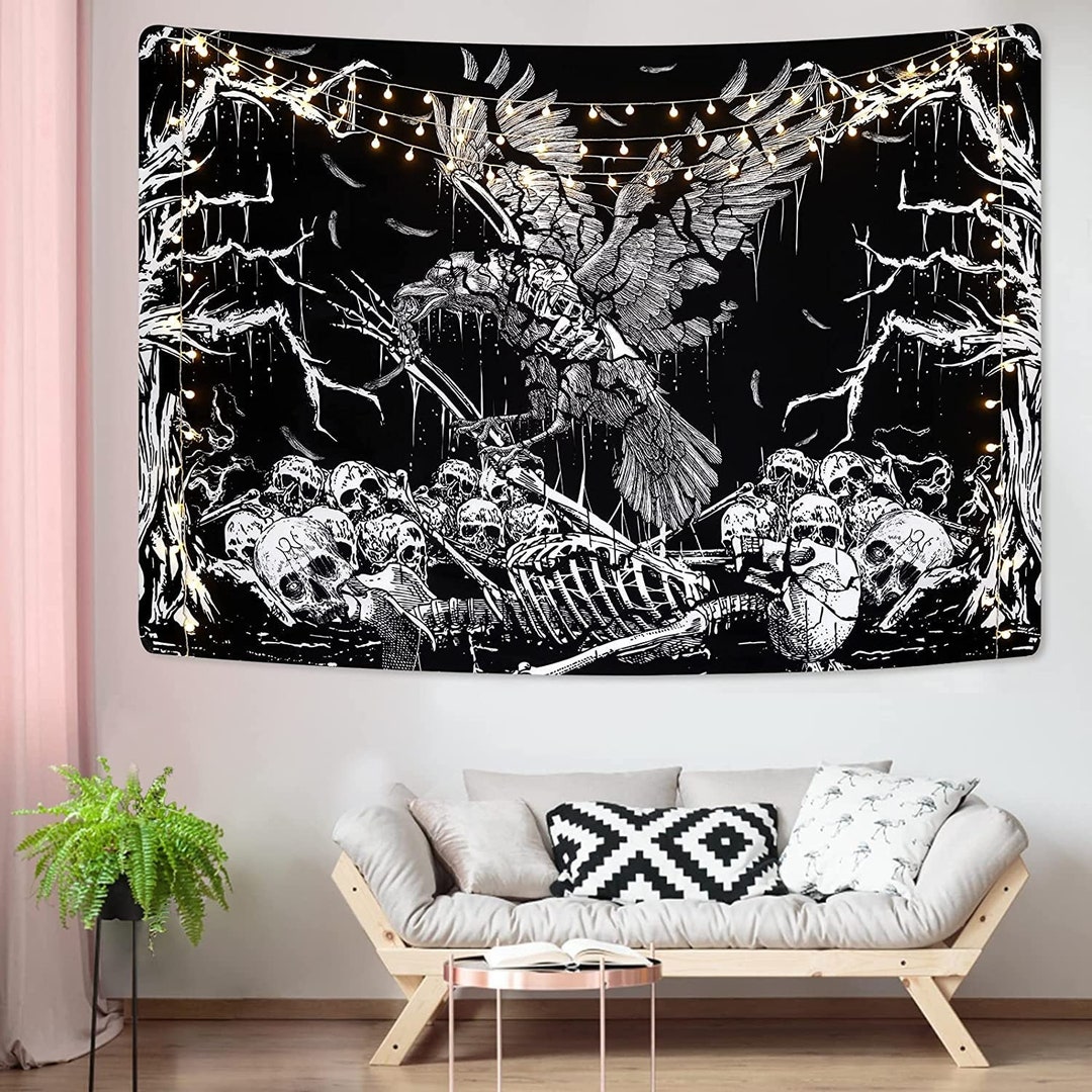 Skull Gothic Skeleton Crow Raven Tapestry Wall Tapestry Aesthetic ...