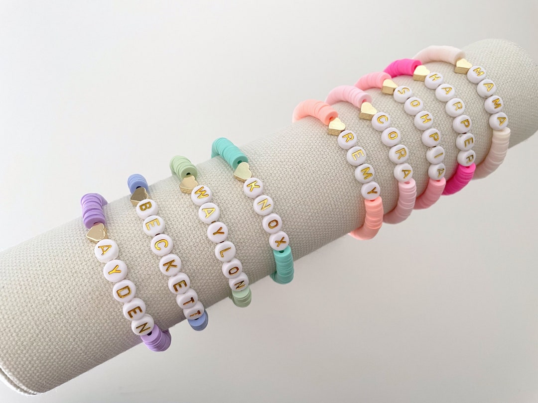 Heart Charm Heishi Name Bracelet | Custom Word Heishi Bracelets | Charm ...