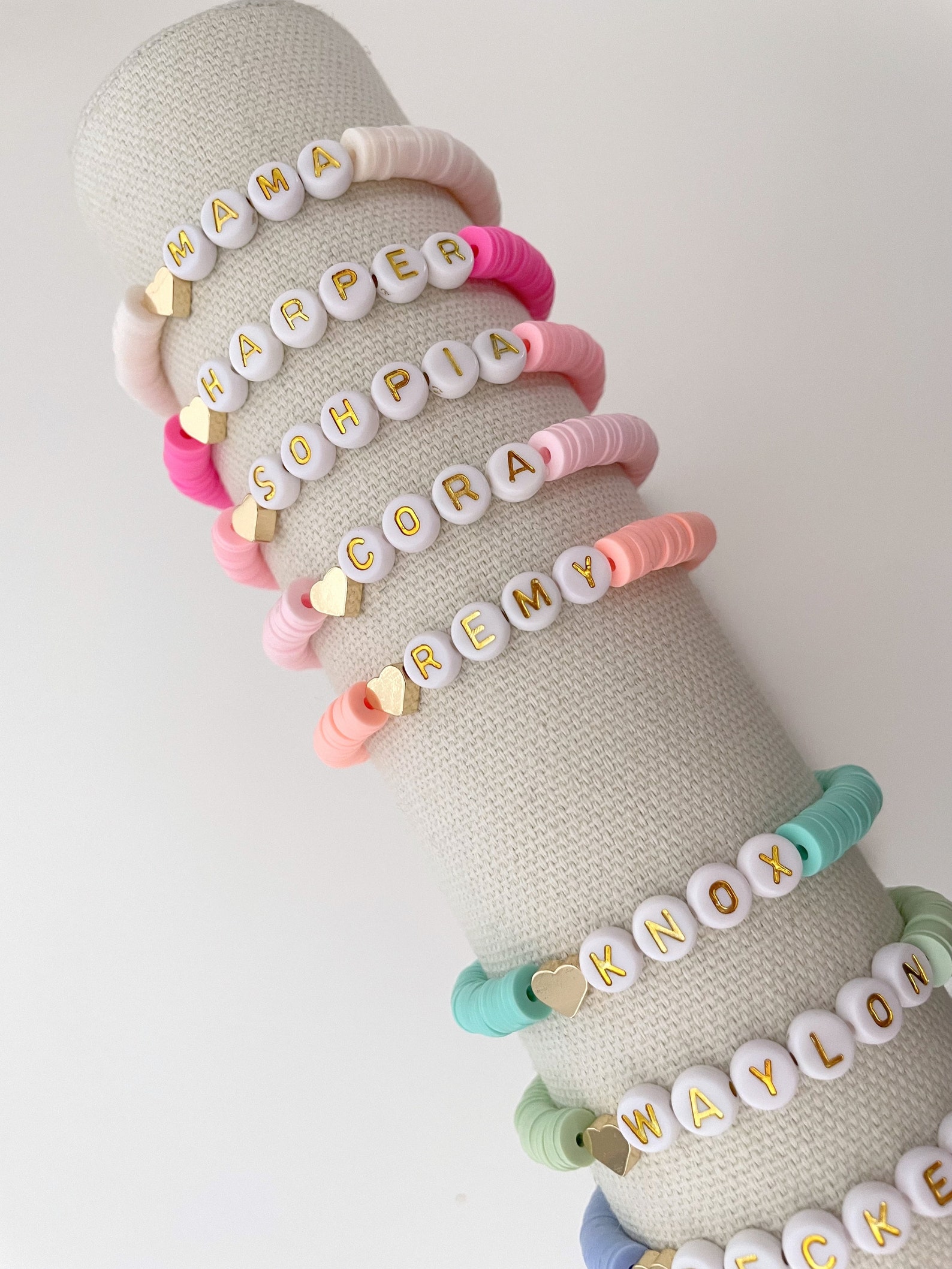 Heart Charm Heishi Name Bracelet | Custom Word Heishi Bracelets | Charm ...