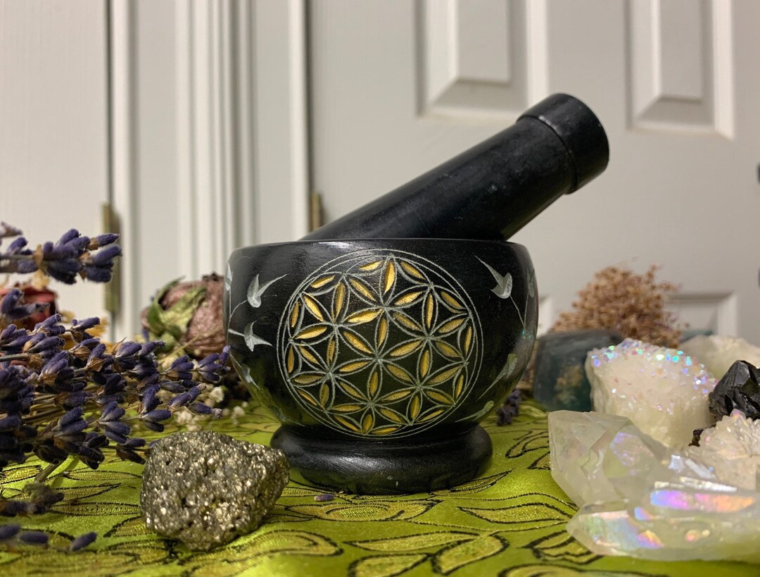 Yellow Flower of Life Black Soapstone Mortar & Pestle - Etsy