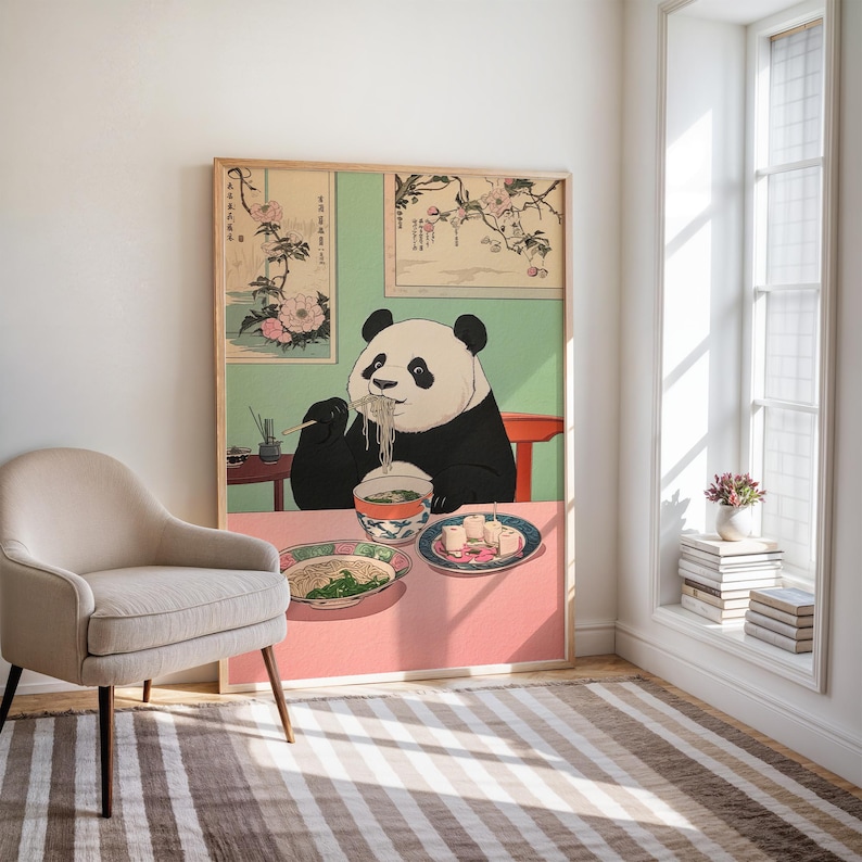 Panda Eating Noodles Japan Art Print, Japanese Wall Decor, Neutral ...