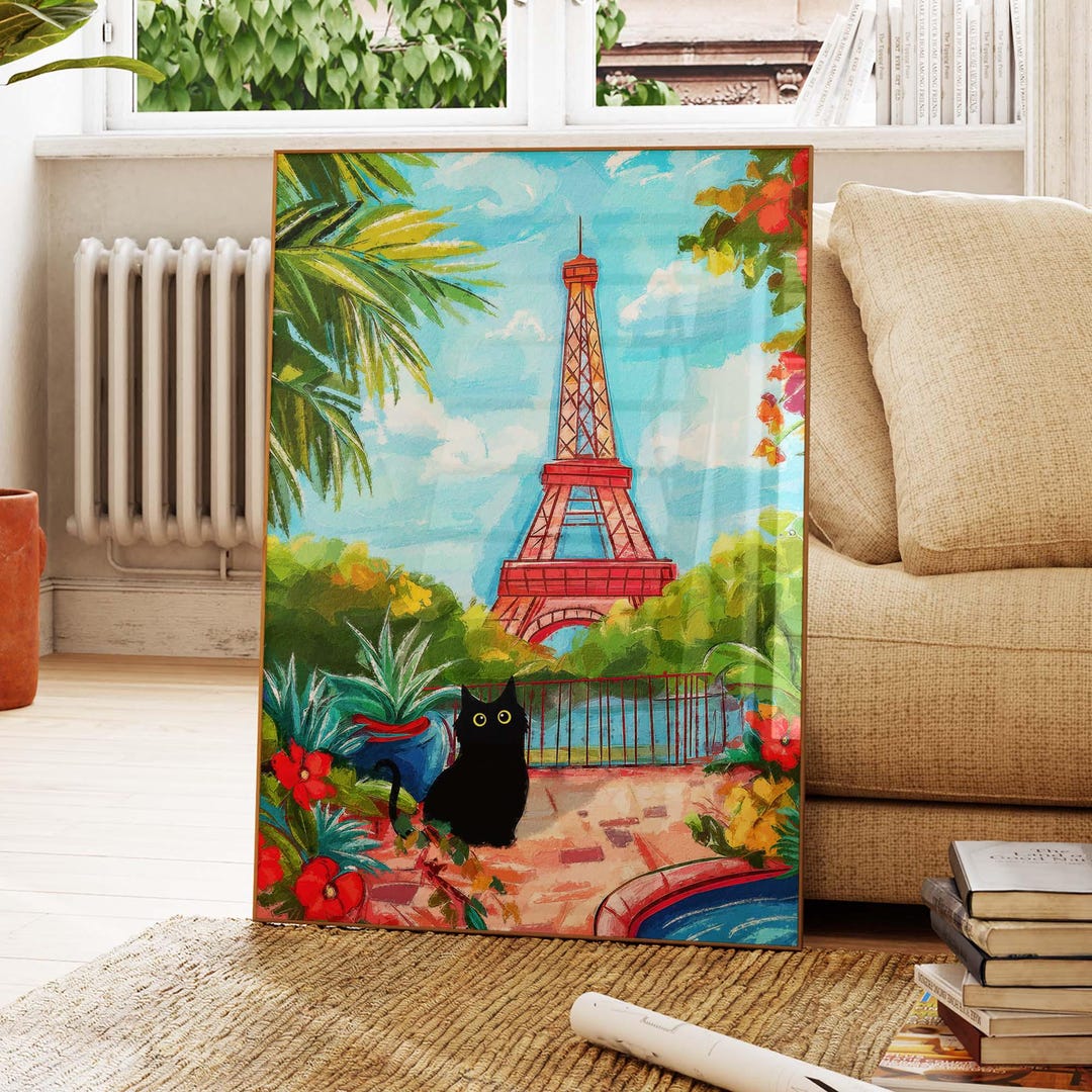 Paris Eiffel Tower Cat Poster, Whimsical France Wall Art Poster, Funny ...