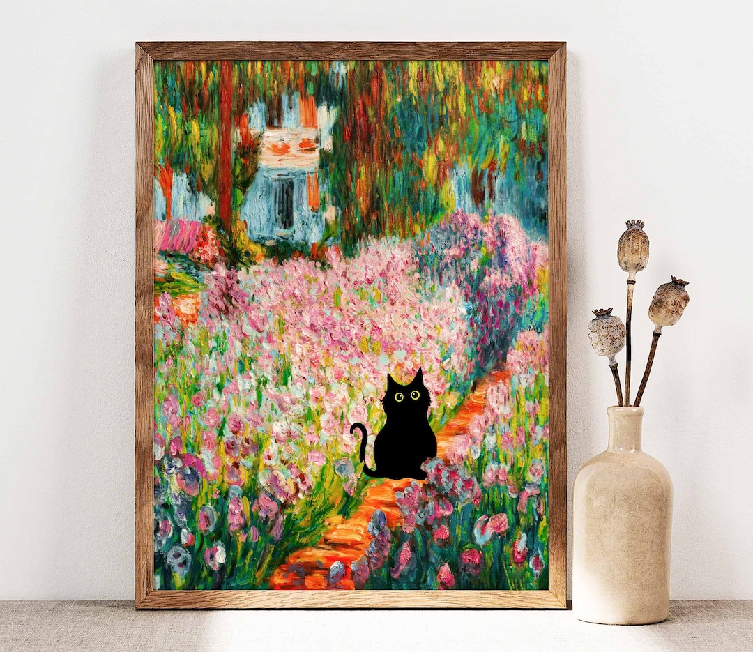 Monet Garden Cat Print, Claude Monet Flowers Cat Poster, Irises Cat Art ...