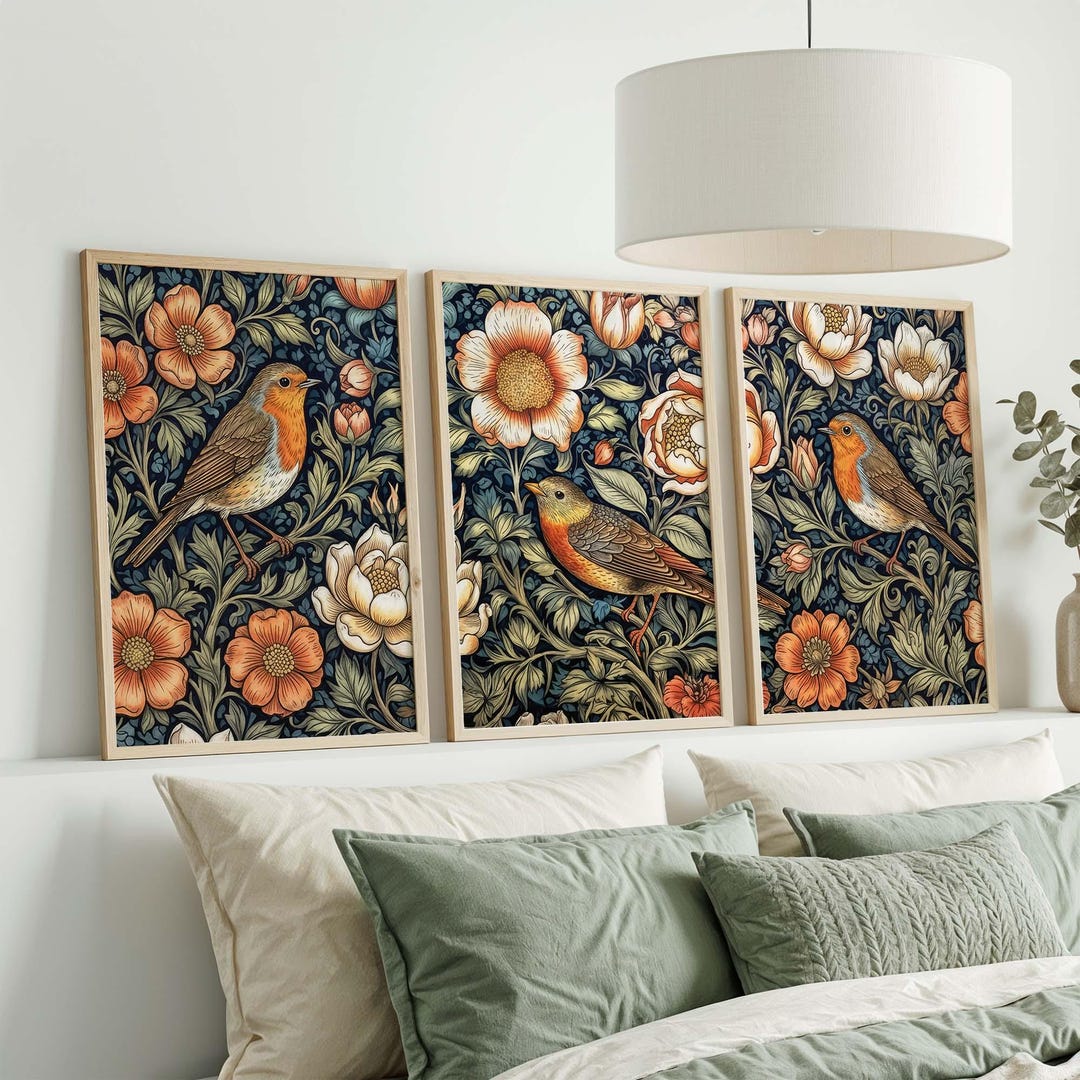 William Morris Birds and Floral Triptych, Vintage Botanical Print Set ...