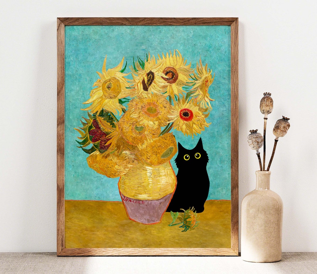 Vincent Van Gogh's Sunflowers Cat Print, Van Gogh Cat Poster, Black Cat ...