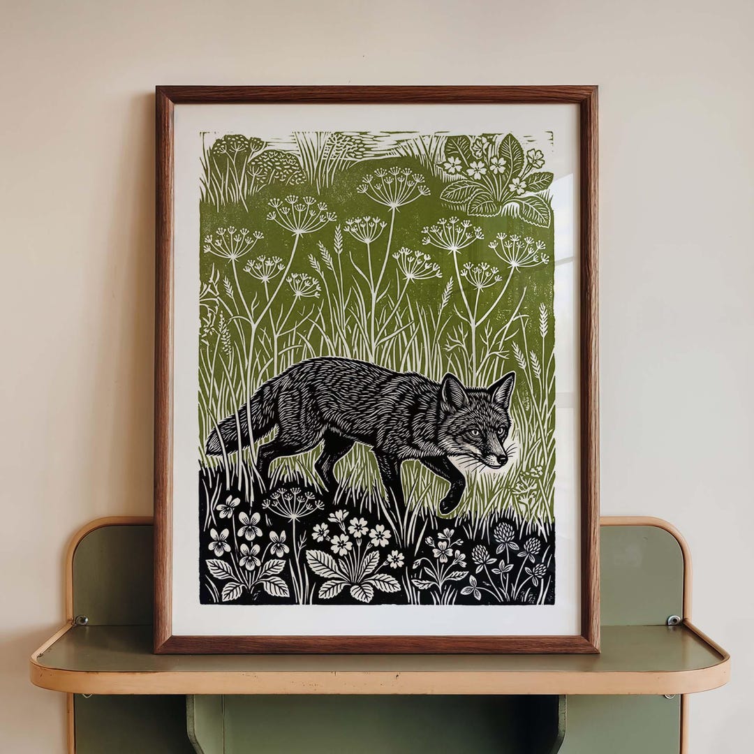 Fox Wall Art Print, Woodland Fox Linocut Poster, Olive Green Meadow ...