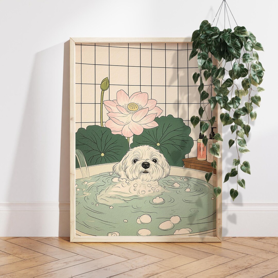 White Cavapoo in Bathtub Funny Bathroom Print, Japanese Dog Gift ...