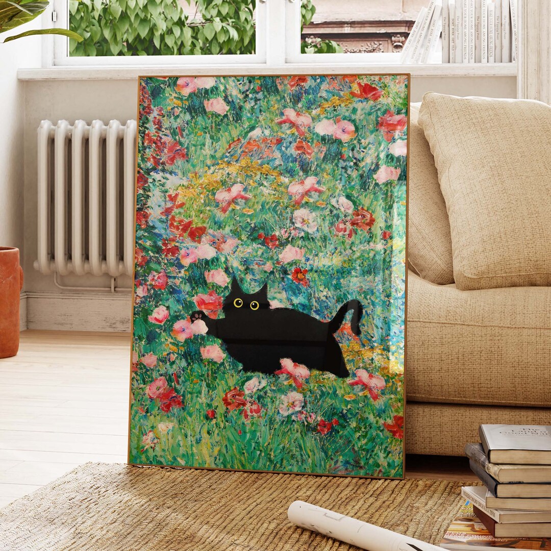 Black Cat Print Poppies Field Cat Poster Flowers Print Funny Cat