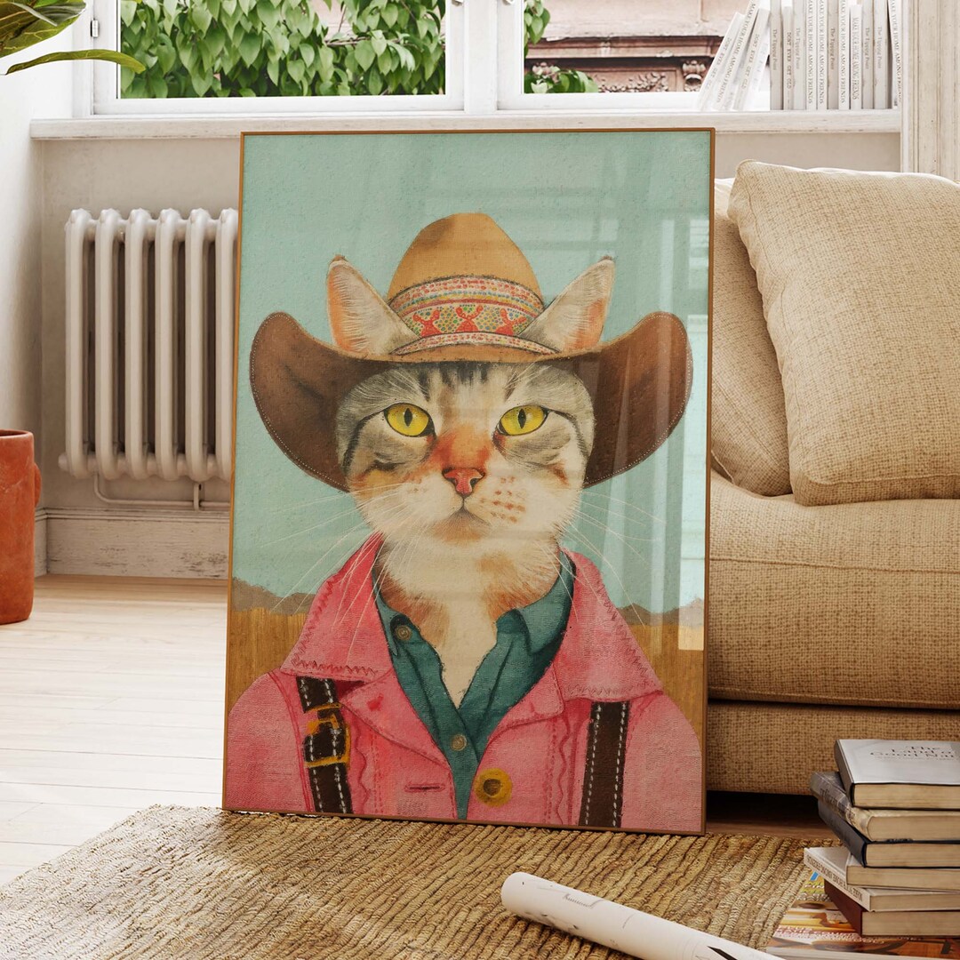 Cowboy Cat Poster - Quirky Cat in Pink Jacket Art Print Humorous Home ...