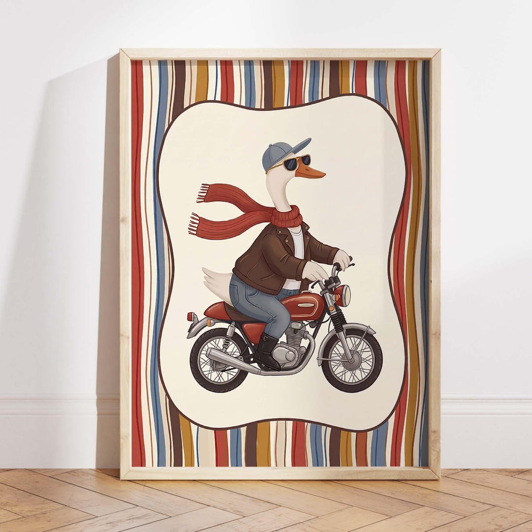 Goose on Motorcycle Nursery Wall Art Print, Cute Animal Biker Poster ...