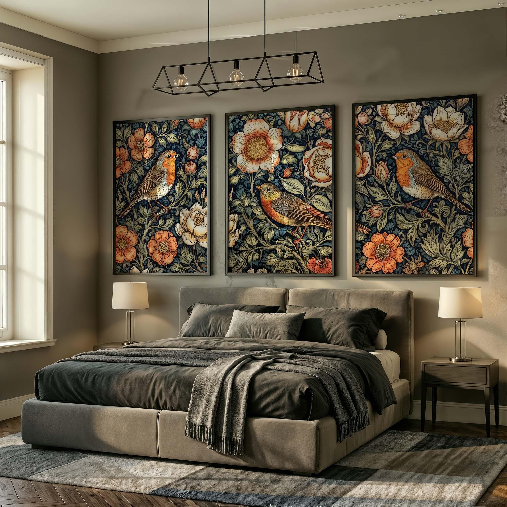 William Morris Birds and Floral Triptych, Vintage Botanical Print Set ...