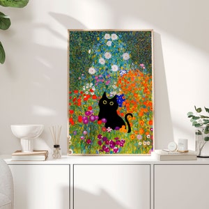 Gustav Klimt Garden Cat Print Klimt Flowers Cat Poster Black - Etsy UK