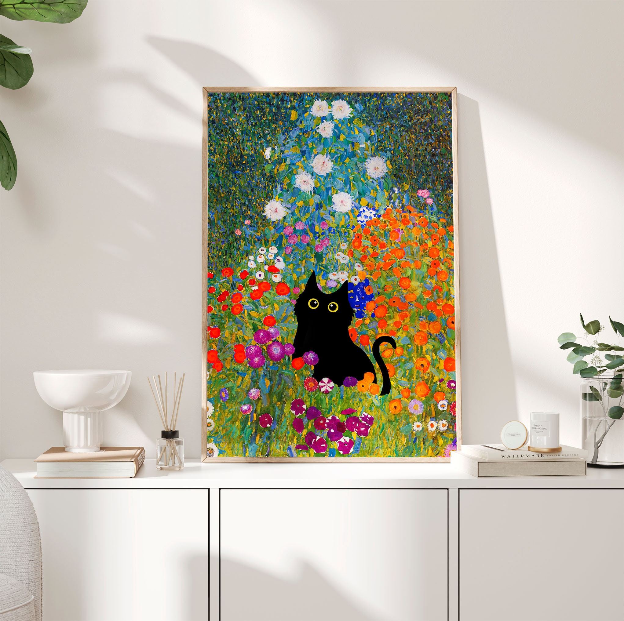 Gustav Klimt Garden Cat Print, Klimt Flowers Cat Poster, Black Cat Art ...