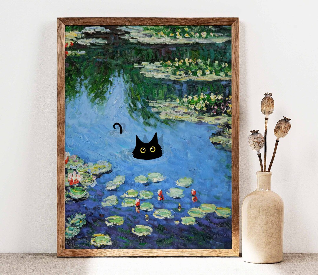 Black Cat Poster, Monet Waterlily Cat Print, Claude Monet Cat Poster ...