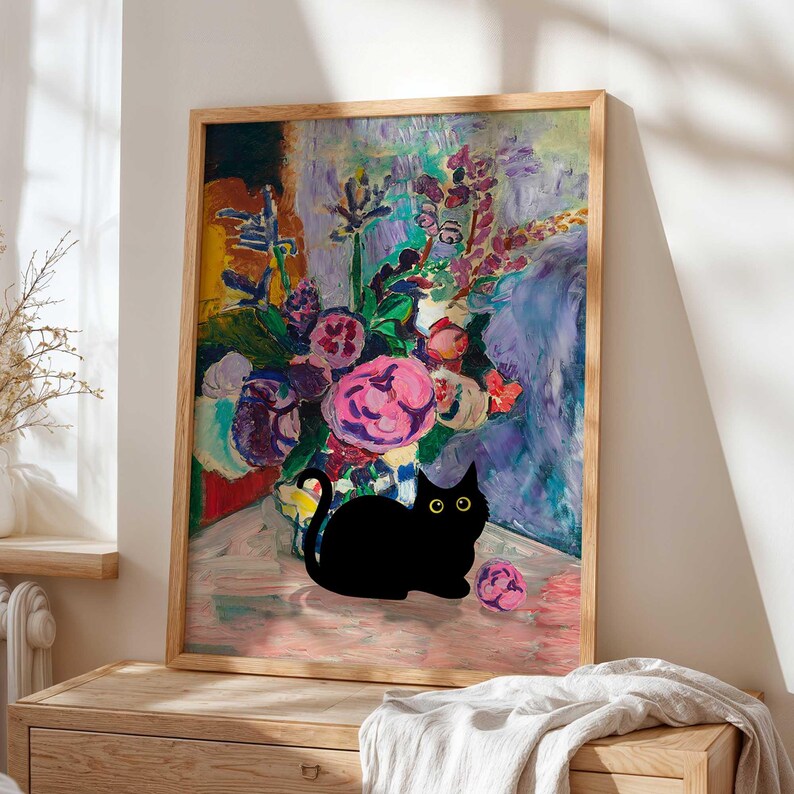 Black Cat Art, Henri Matisse Cat Print, Flowers Cat Poster, Floral ...