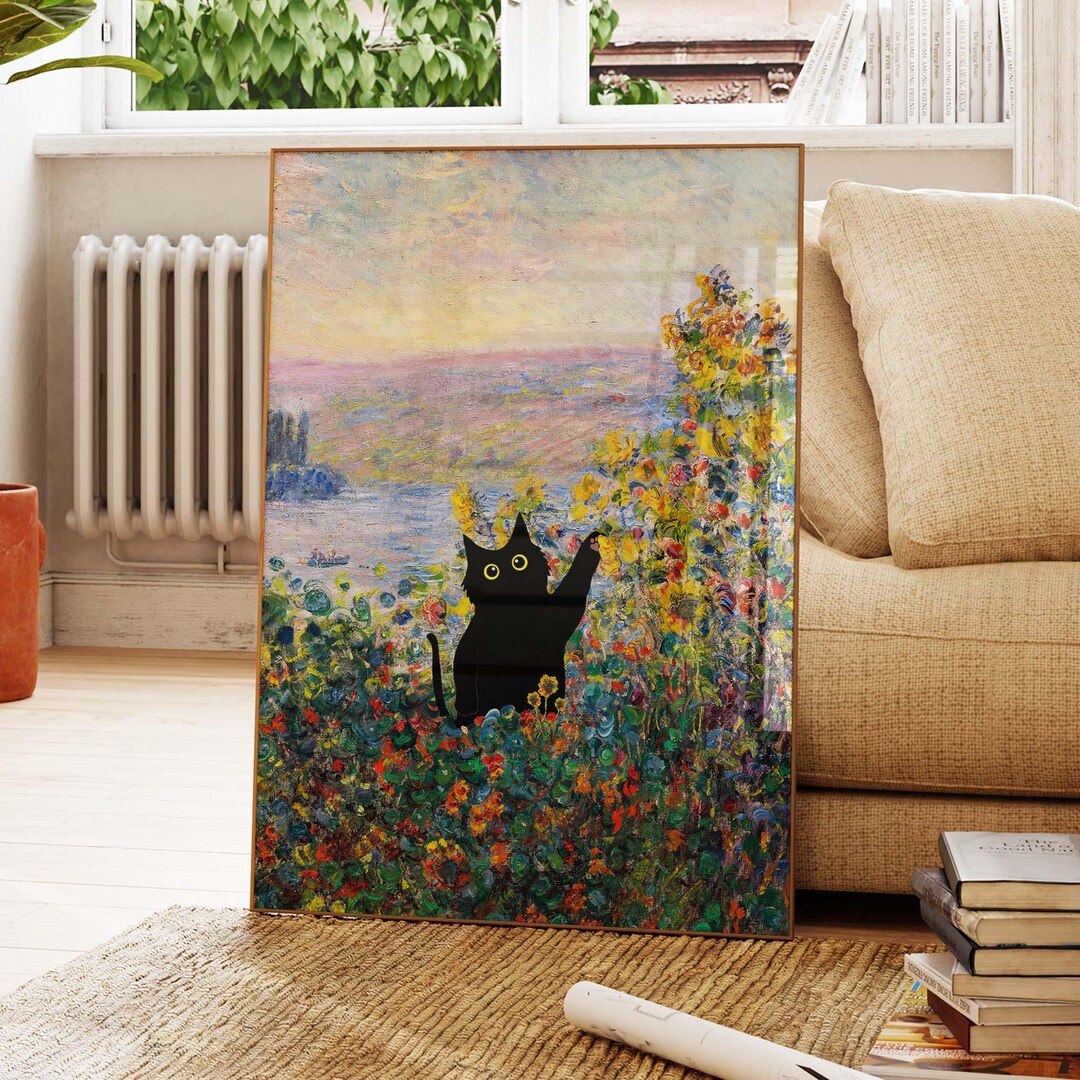Cat in Monet Garden Poster, Claude Monet Cat Poster, Black Cat Art ...