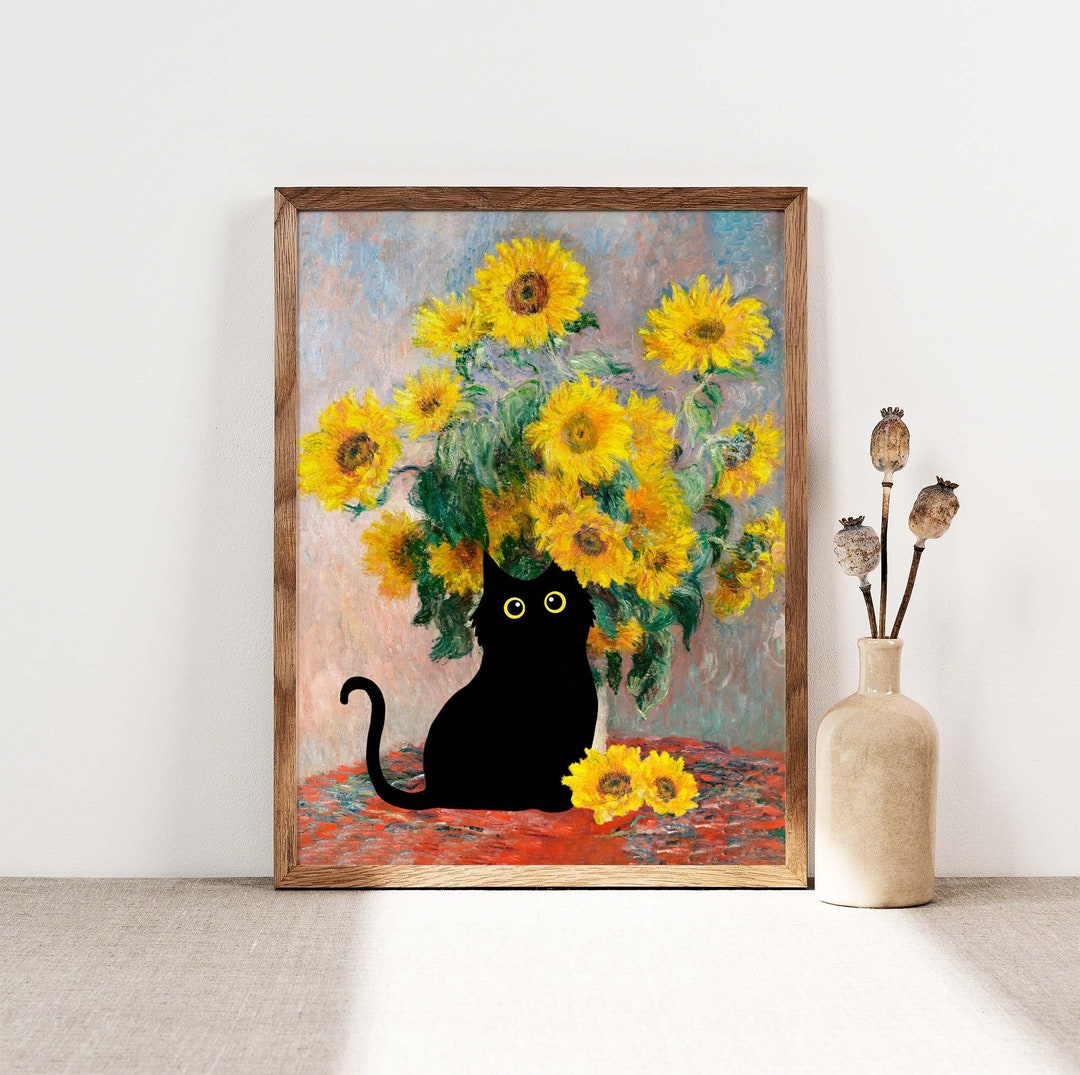 Claude Monet Sunflowers Cat Print Monet Cat Poster Black Cat - Etsy