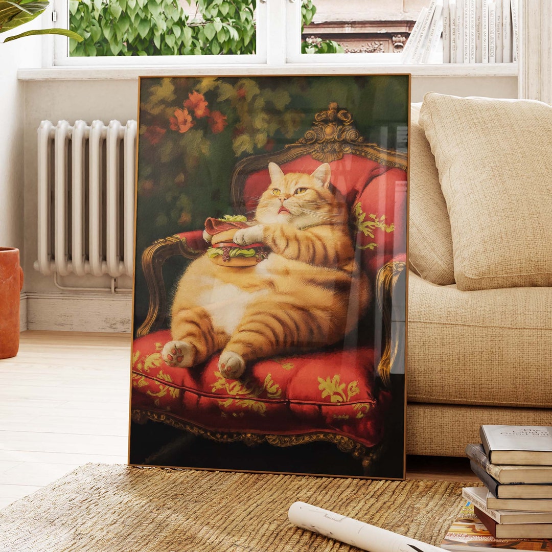 Funny Fat Orange Cat Poster With Burger, Whimsical Feline Art, Humorous ...