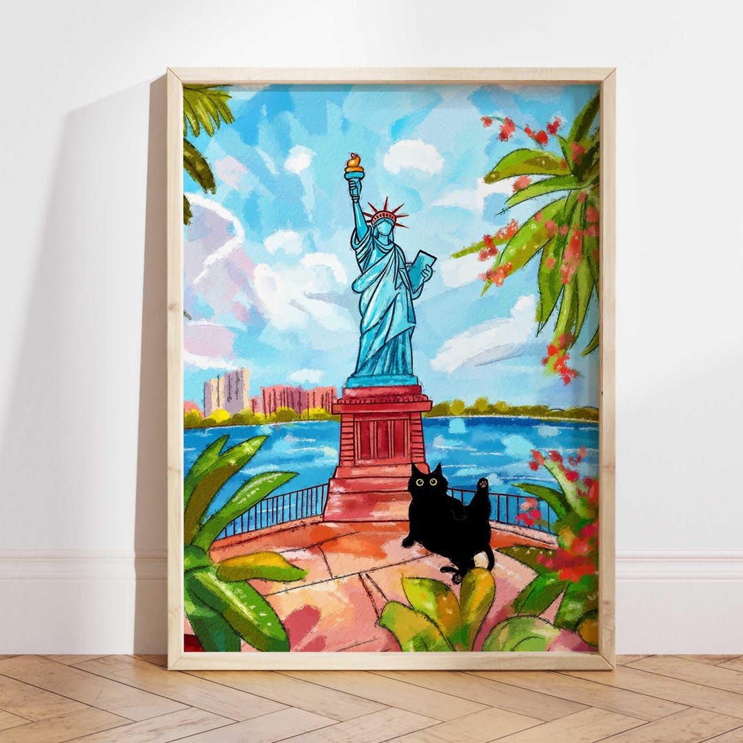 Statue of Liberty With Black Cat Print, New York Art Poster, Funny USA ...