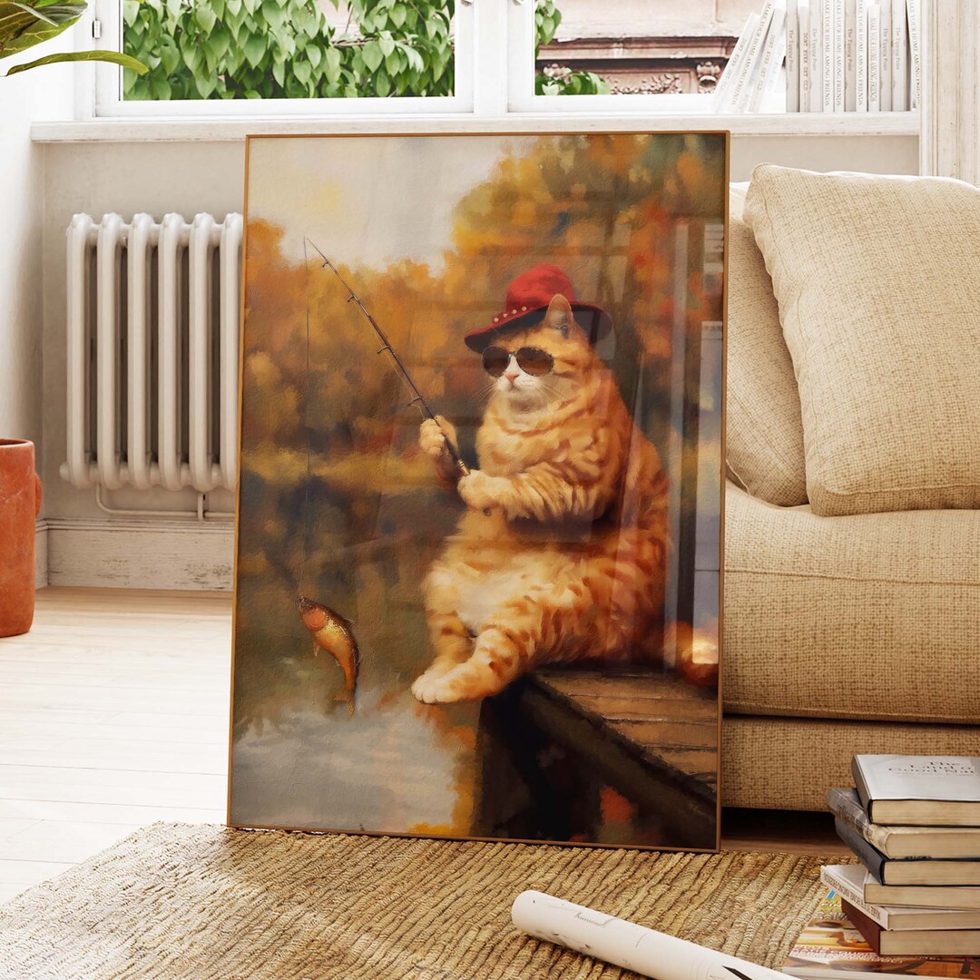 Cool Cat Fishing, Orange Cat Catches Fish in the Lake, Crazy Cat Wall ...