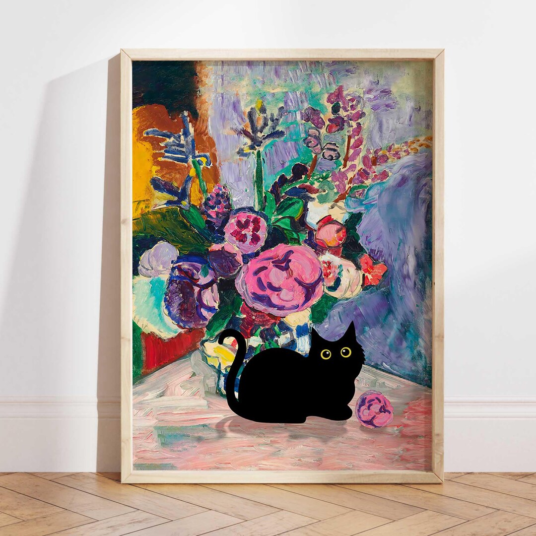 Black Cat Art, Henri Matisse Cat Print, Flowers Cat Poster, Floral ...