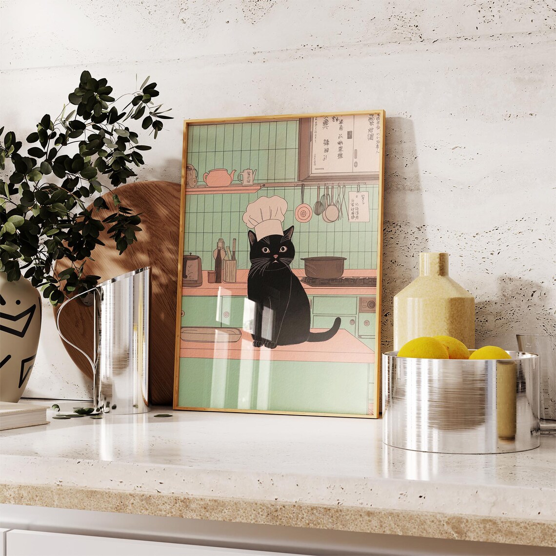 Black Cat in a Chef's Hat Kitchen Decor Art Print, Japanese Wall Decor ...