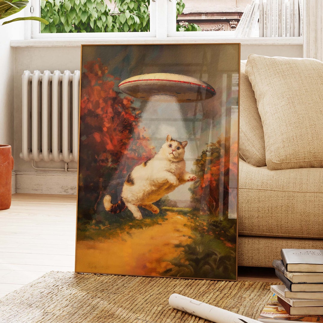 Cat Abduction Print, Cat Being Abducted by a UFO Poster, Crazy Cat Wall ...