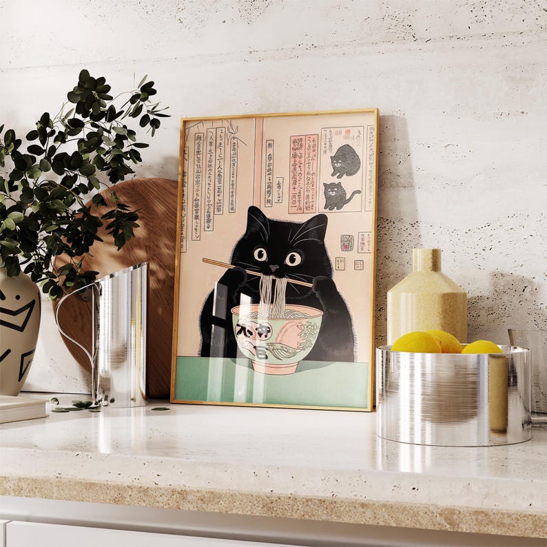 麺を食べる黒猫、日本のアートプリント、日本の壁飾り、ニュートラルなミニマリストポスター、美しい壁アート、ユニークな猫好きへのギフト - Etsy 日本