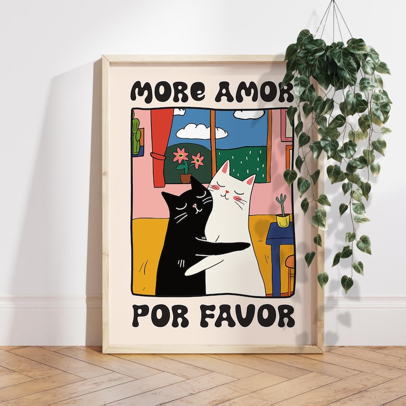 Cat Wall Art, More Amor Por Favor Wall Art, Black and White Cats Print ...