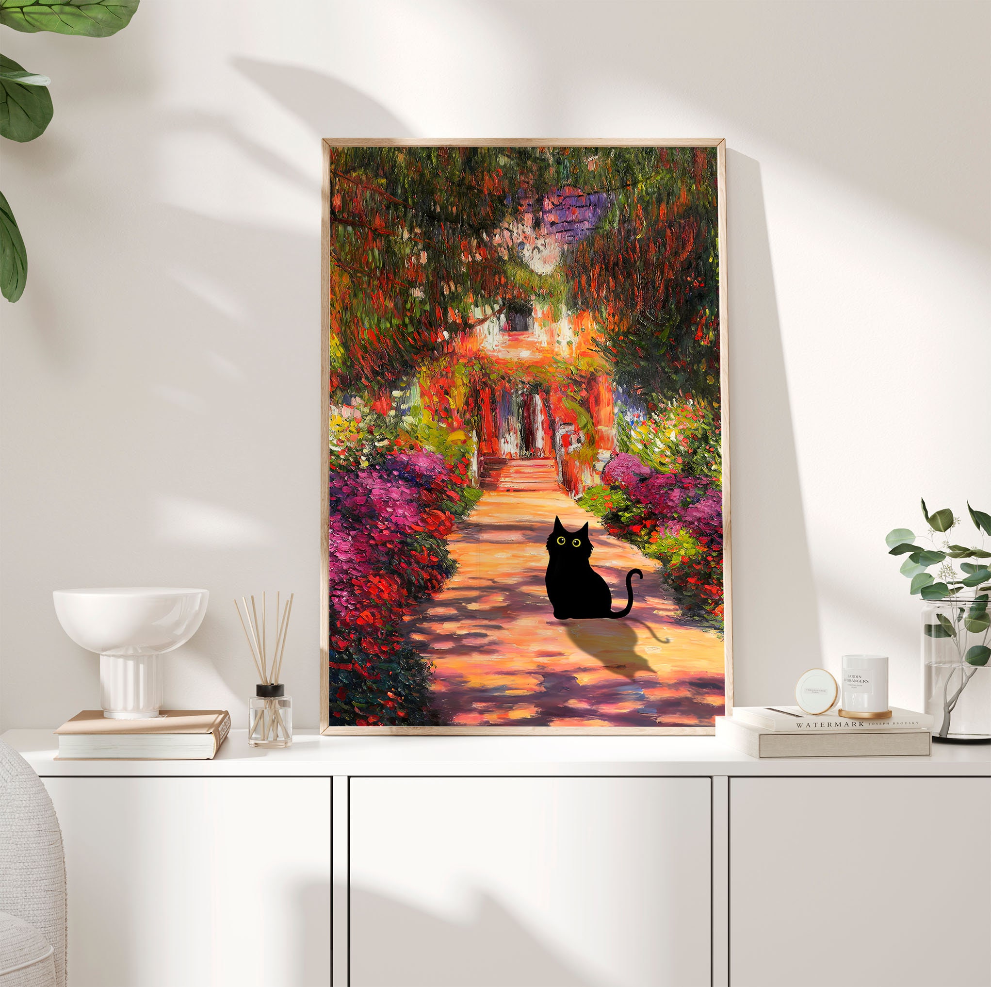 Monet Garden Cat Print, Claude Monet Flowers Cat Poster, Cat Art ...