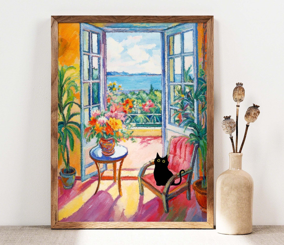 Black Cat Print, Open Window Cat Poster, Cat Art, Floral Print, Funny ...