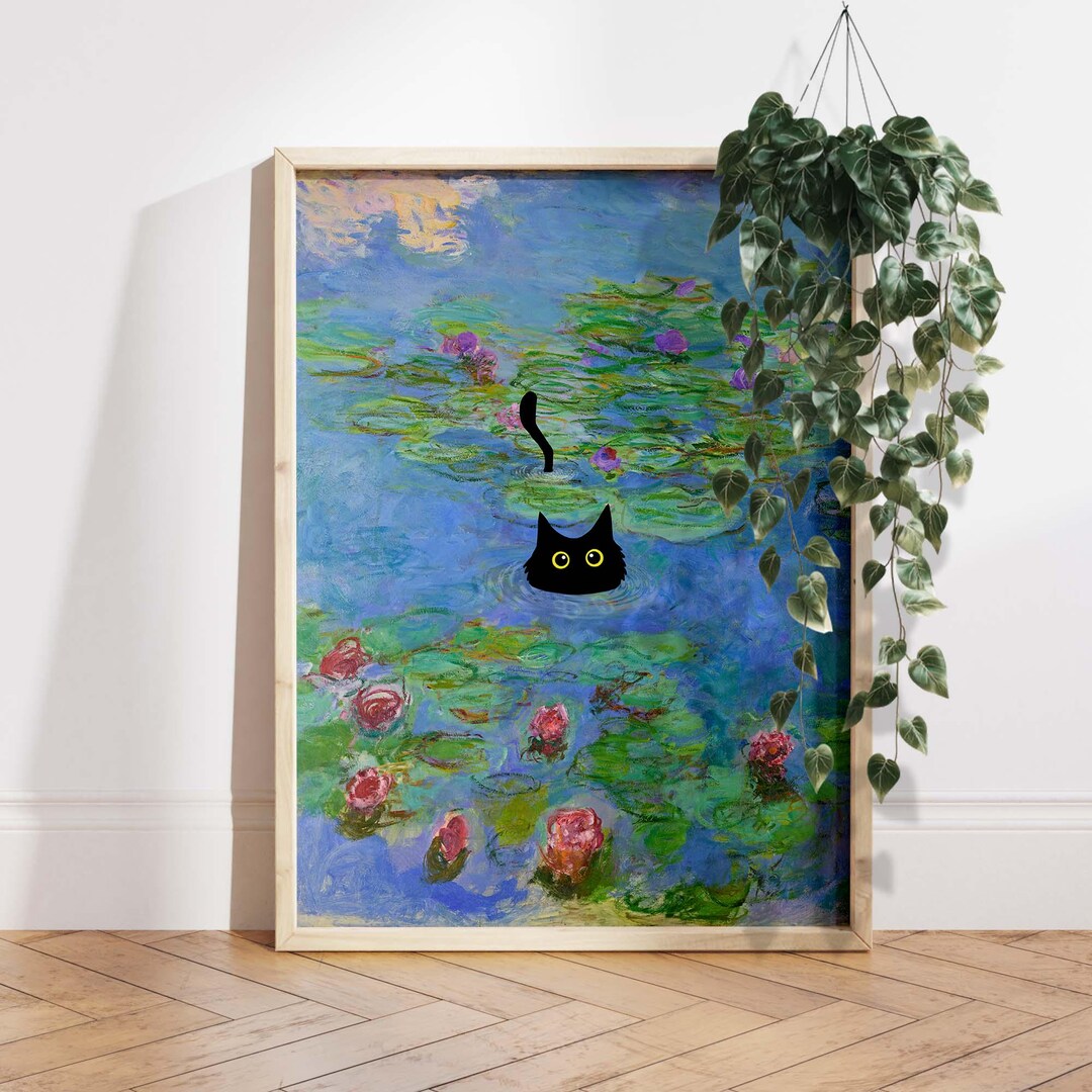Monet Waterlily Cat Print, Claude Monet Cat Poster, Cat Art, Floral ...