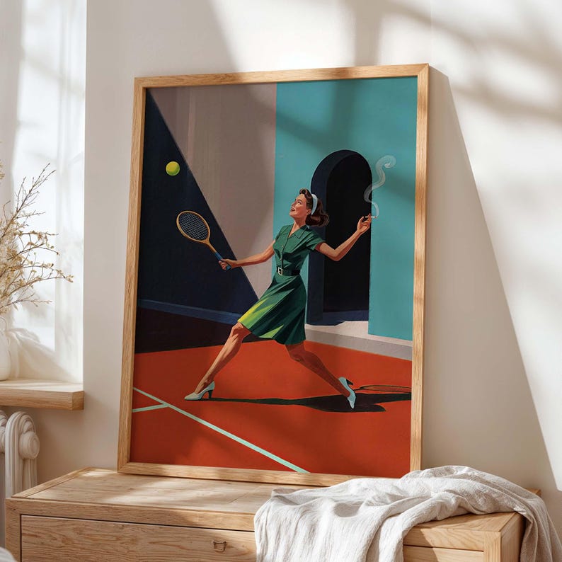 Funny Tennis Poster Mid Century Modern – Smoking Lady Playing Tennis ...