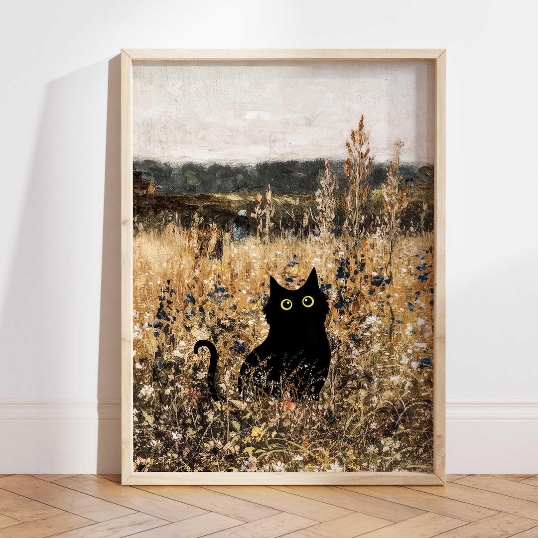 Black Cat Print, Funny Cat Poster, Cat Art, Wildflower Field Cat Wall ...