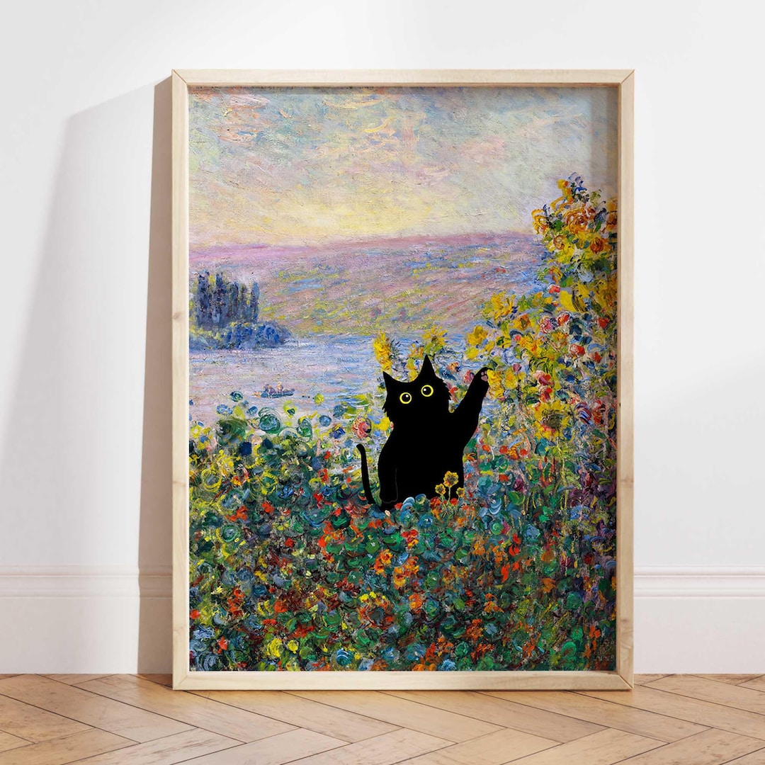 Cat in Monet Garden Poster, Claude Monet Cat Poster, Black Cat Art ...