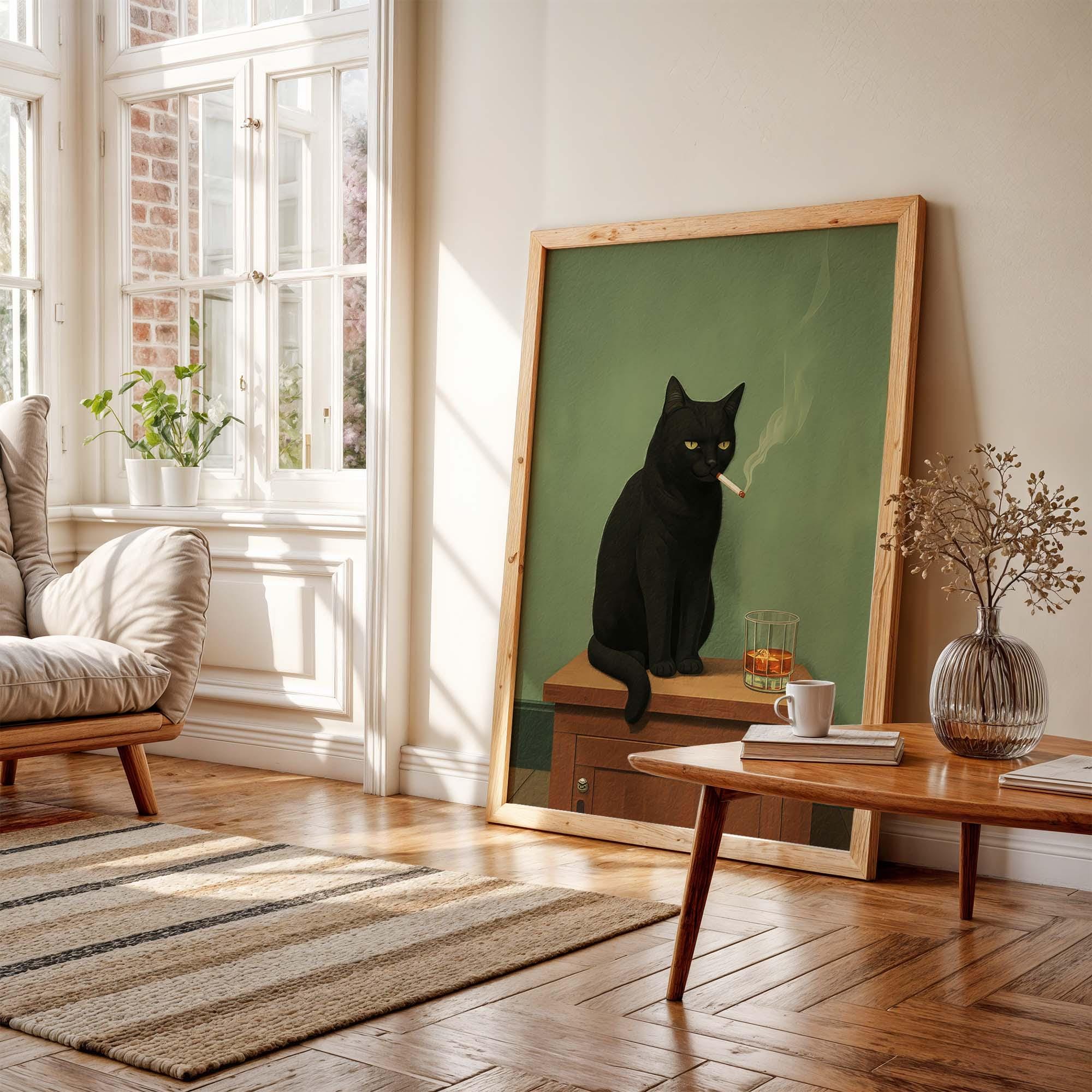 Smoking Black Cat Poster – Moody Cat With Whiskey Dark Humor Wall Art ...