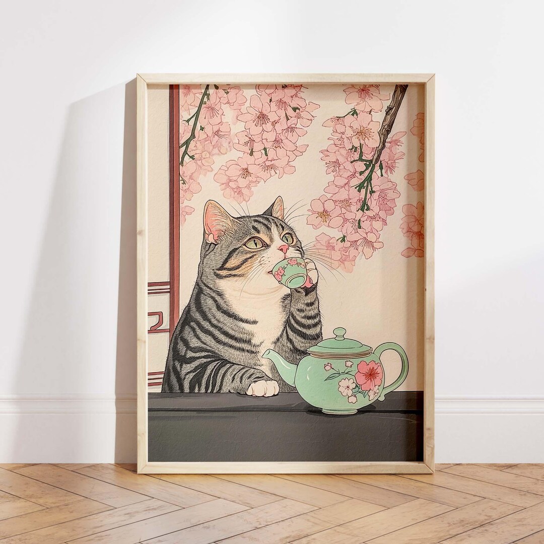 Tabby Cat Drinking Tea, Japan Art Print, Japanese Wall Decor, Neutral ...