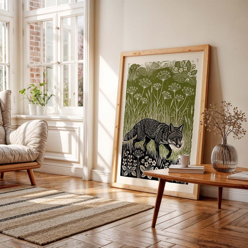 Fox Wall Art Print, Woodland Fox Linocut Poster, Olive Green Meadow ...