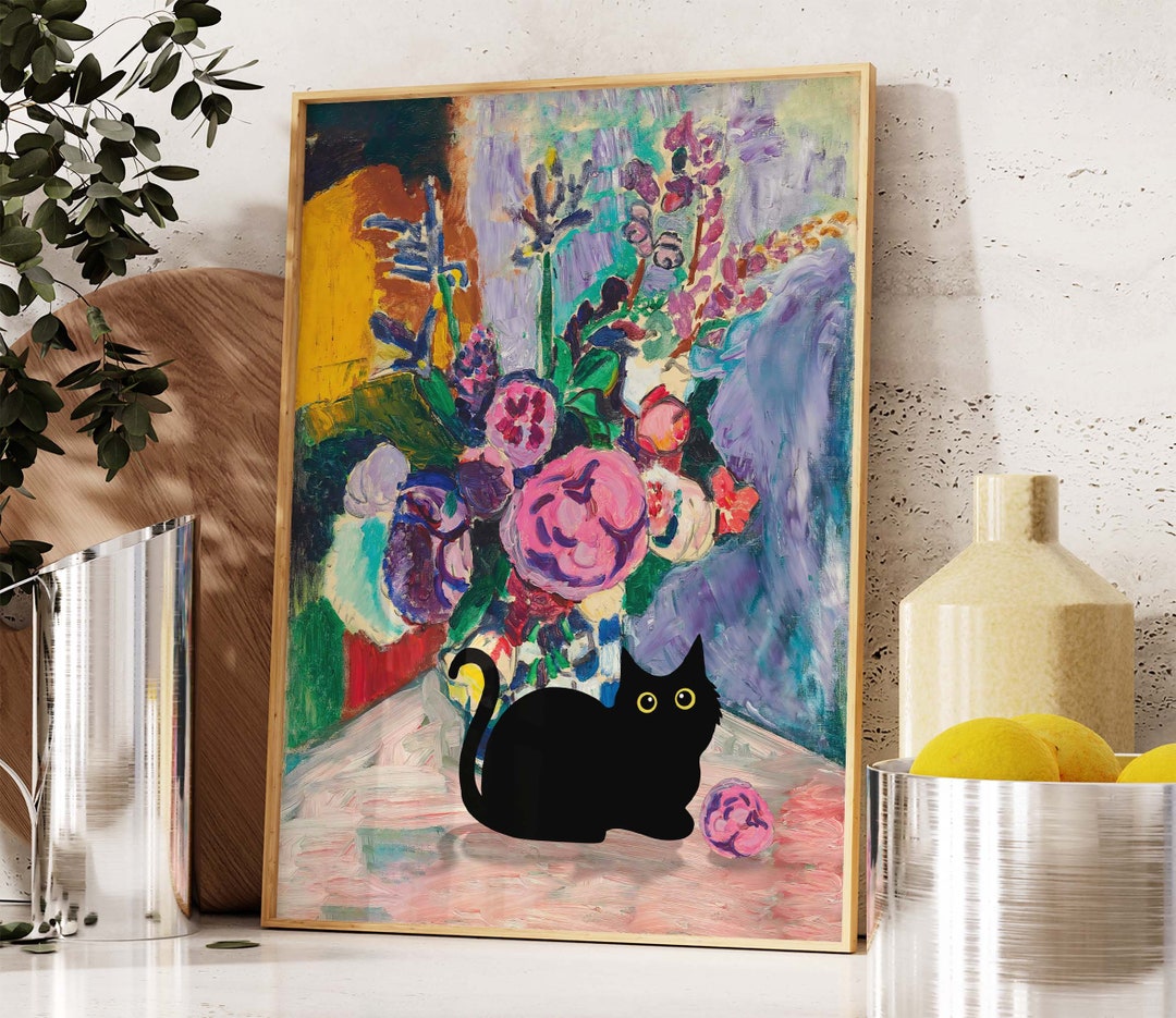 Black Cat Art, Henri Matisse Cat Print, Flowers Cat Poster, Floral ...
