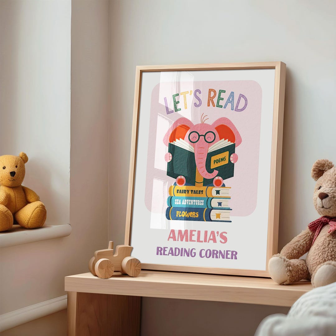 Personalized Girls Reading Corner Poster, Custom Name Pink Elephant ...